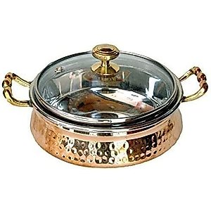 OMG Deals Copper Hammered Handi For Cooking And Serving, 5 inch, (With Brass Handles) (Cooper Handi, Pack of 1)