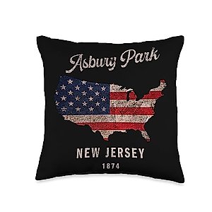 USA Classic Grunge Map Retro Apparel Asbury Park, New Jersey 1874 Throw Pillow, 16x16, Multicolor