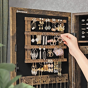 SONGMICS Lockable Jewelry Cabinet Armoire with Mirror, Wall-Mounted Space Saving Jewelry Storage Organizer, Rustic Brown UJJC051K01