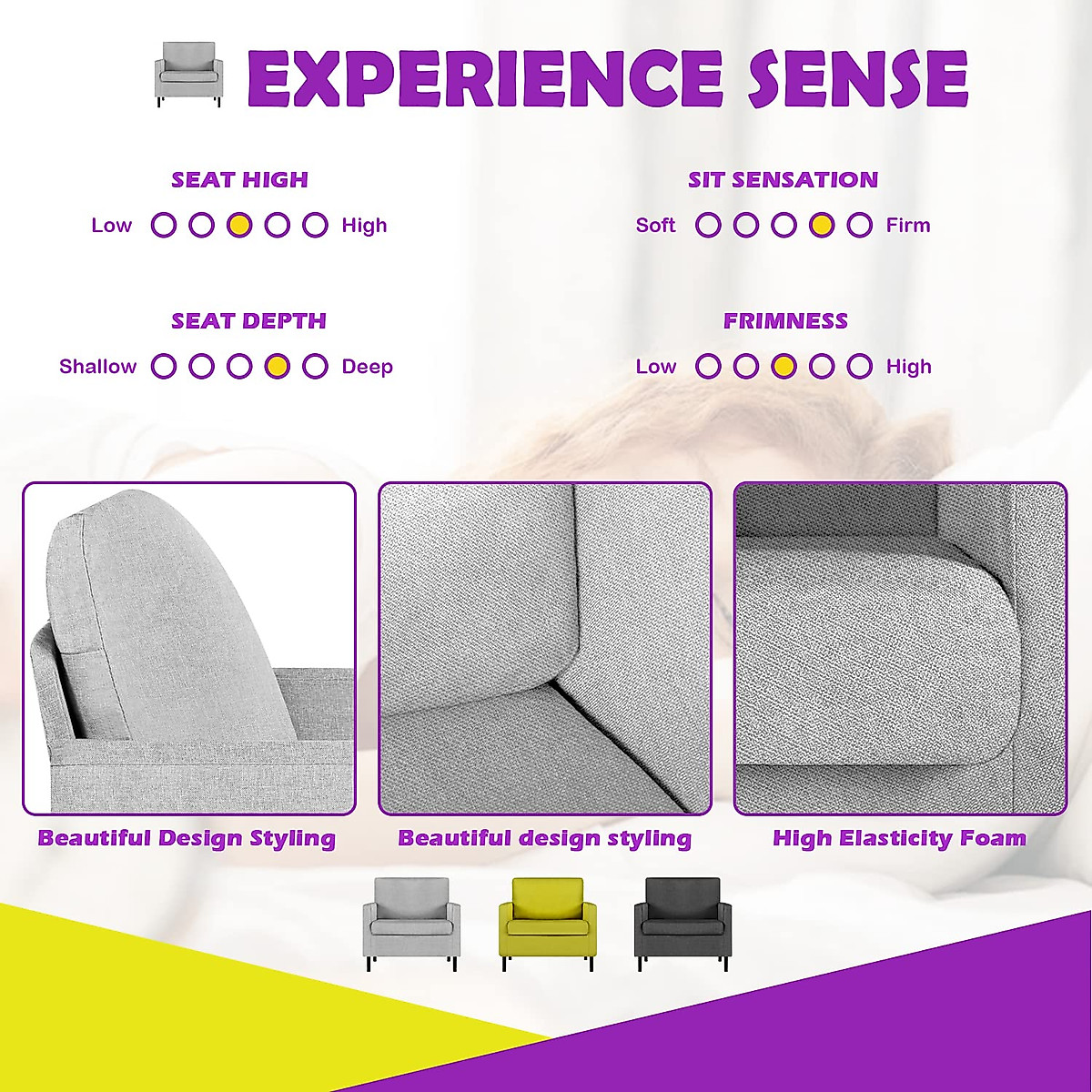 TYBOATLE Modern Upholstered Linen Fabric Accent Arm Chairs, Living Room Single Sofa Chair with Metal Legs, Comfy Reading Lounge Armchair for Small Spaces, Apartment, Bedroom, Office (Light Grey)