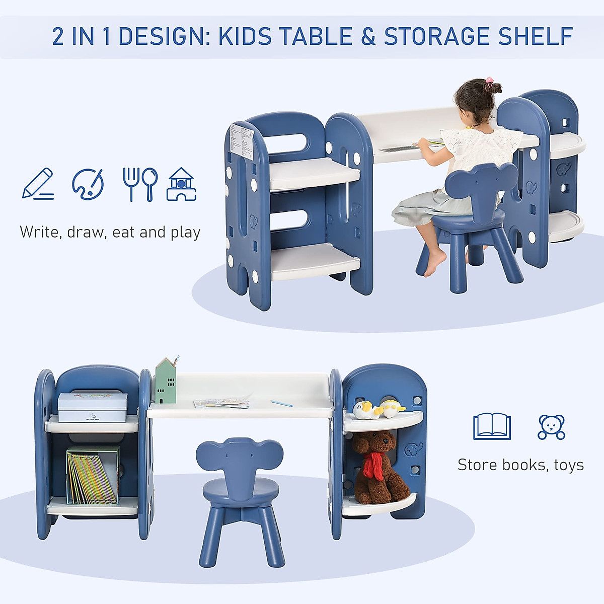 Qaba Kids Table and Chair Set, Activity Desk with Bookshelf & Storage for Study, Activities, Arts, or Crafts, Blue and White