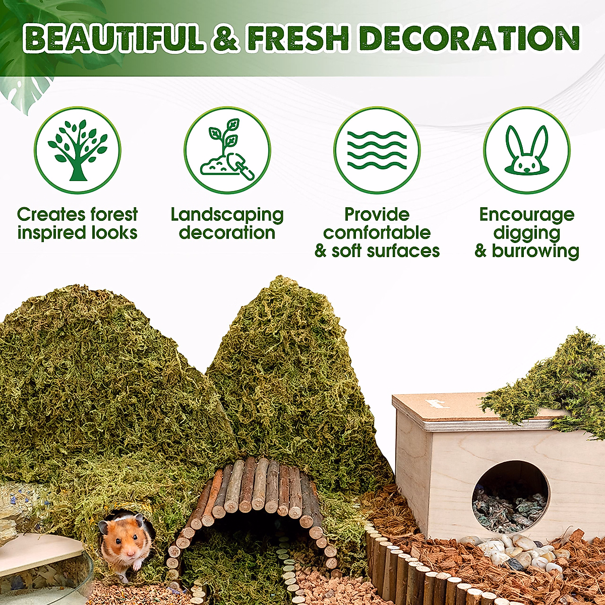 Duspro 5oz Hamster Bedding, Natural Forest Moss Bedding for Hamster, Hamster Bedding Odor Control, Decorate Hamster Hideout with Moss.