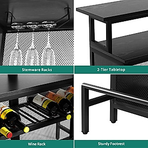 YITAHOME L Shaped Mini Home Bar Unit for Living Room with Music Sensing LED Light, Tall Bars Furniture Table with Wine Rack Alcohol Storage Glasses Hanger Footrest for Kitchen Pub, Black