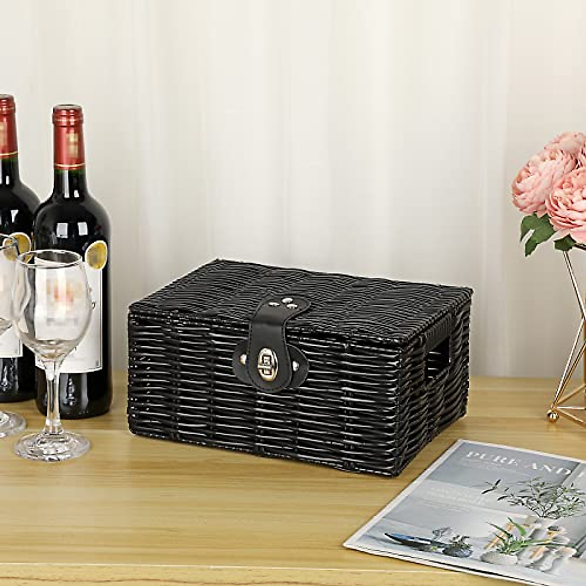 Hipiwe Decorative Storage Boxes with Lids & Lock Black Woven Basket Bin Built-in Carry Handles Plastic Shelf Basket Lidded Multifunctional Household Organizer Box for Clothes Toy Book Snack