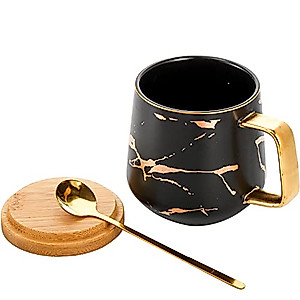 Peohud 2 Pack Porcelain Coffee Mugs Set, 14 OZ Marble Coffee Cups with Lid and Spoon, Large Tea Mugs for Latte, Cappuccino, Americano, Coffee Mugs for Couple, Novelty Engagement Gift