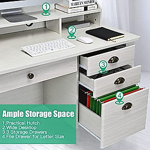 Tangkula White Desk with 4 Storage Drawers & Hutch, Home Office Computer Desk Vintage Desk with Storage Shelves, Wooden Executive Desk Writing Study Desk (White)