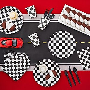 Juvale 144 Piece Race Car Birthday Party Supplies with Checkered Flag Plates, Napkins, Cups, and Cutlery (Serves 24)