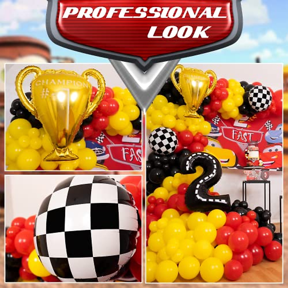 100pcs, EASY DIY – Cars Balloon Garland Kit & Arch with BONUS Trophy & Number 2 - Race Car Balloons for Lightning McQueen Race Car Birthday Party Supplies & Boy Cars Theme Birthday Party Decorations