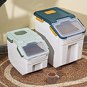 PENCK Rice Storage Container Large Flour Dispenser Plastic Food Bin Holder Airtight Cereal Grain Organizer Box with Locking Lid, Measuring Cup, Scoop & Wheels, 8-15kg Capacity (Blue)