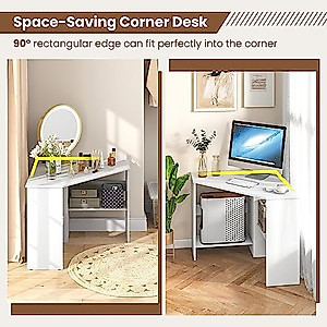 IFANNY Corner Computer Desk, 90 Degrees Triangle Desk w/Shelves & CPU Stand, Compact Corner Vanity Makeup Desk with Storage, Corner Desks for Small Spaces (White)