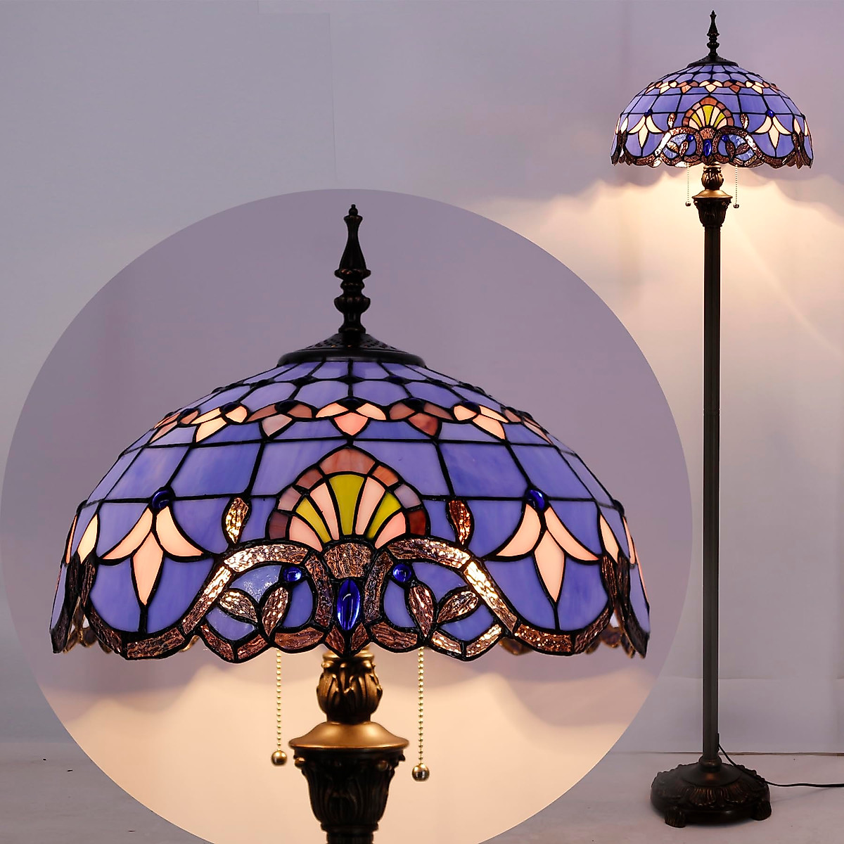 WERFACTORY Tiffany Floor Lamp Blue Purple Baroque Stained Glass Standing Reading Light 16X16X64 Inches Antique Pole Corner Lamp Decor Bedroom Living Room Home Office S003C Series