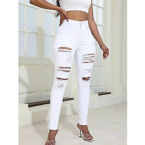 DLAYBGFA Ripped Skinny Jeans for Women High Waisted Stretch Slim Fit Distressed Butt Lifting Denim Jeans Pants(White,XXL)