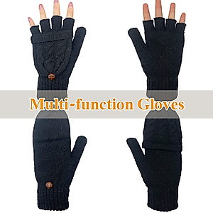 Beurlike Women's Winter Gloves Warm Wool Knitted Convertible Fingerless Mittens (Black)