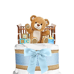 Teddy Bear Diaper Cake - We Can Bearly Wait - Baby Gift for a Boy - Burlap and Blue
