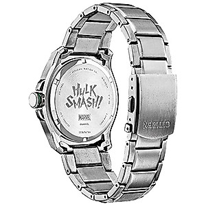 Citizen Eco-Drive Men's Marvel Hulk Stainless Steel Watch, Black and Green Dial, Luminous, 3-Hand Date, 43mm (Model: AW1351-56W)