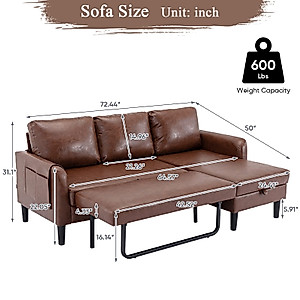 Deolme Pull Out Sleeper Sofa Bed with Storage Chaise Lounge, Modern Sleeper Couch with Side Pocket, Comfy 3 Seat Sofa Couch for Living Room, Bedroom, Home Office (Brown PU)