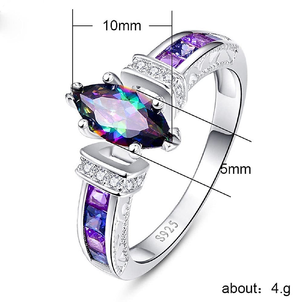 DCFSHEE Fashion Marquise Shape Cut Created Mystic Rainbow Topaz 925 Sterling Silver Plated Promise Ring Jewelry Gifts for Her (US size 10)
