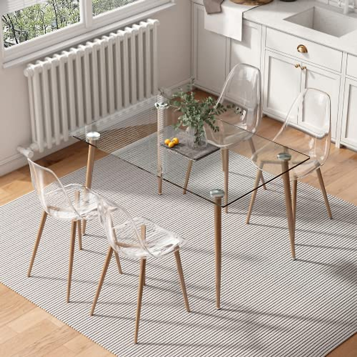 Glass Dining Table Set for 4, 51 inch Dining Table & Chair Sets with Light Wood Metal Legs for Kitchen, Modern Rectangle Tempered Glass Table Top and Transparent Plastic Dining Chair for Dining Room