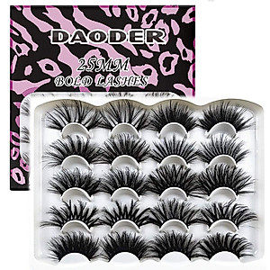DAODER False Eyelashes 25MM Mink Lashes Dramatic Look Fluffy Long Fake Eyelashes Wispy 25mm False Lashes Strip 10 Variety Pairs Mixed for Halloween Bold Makeup