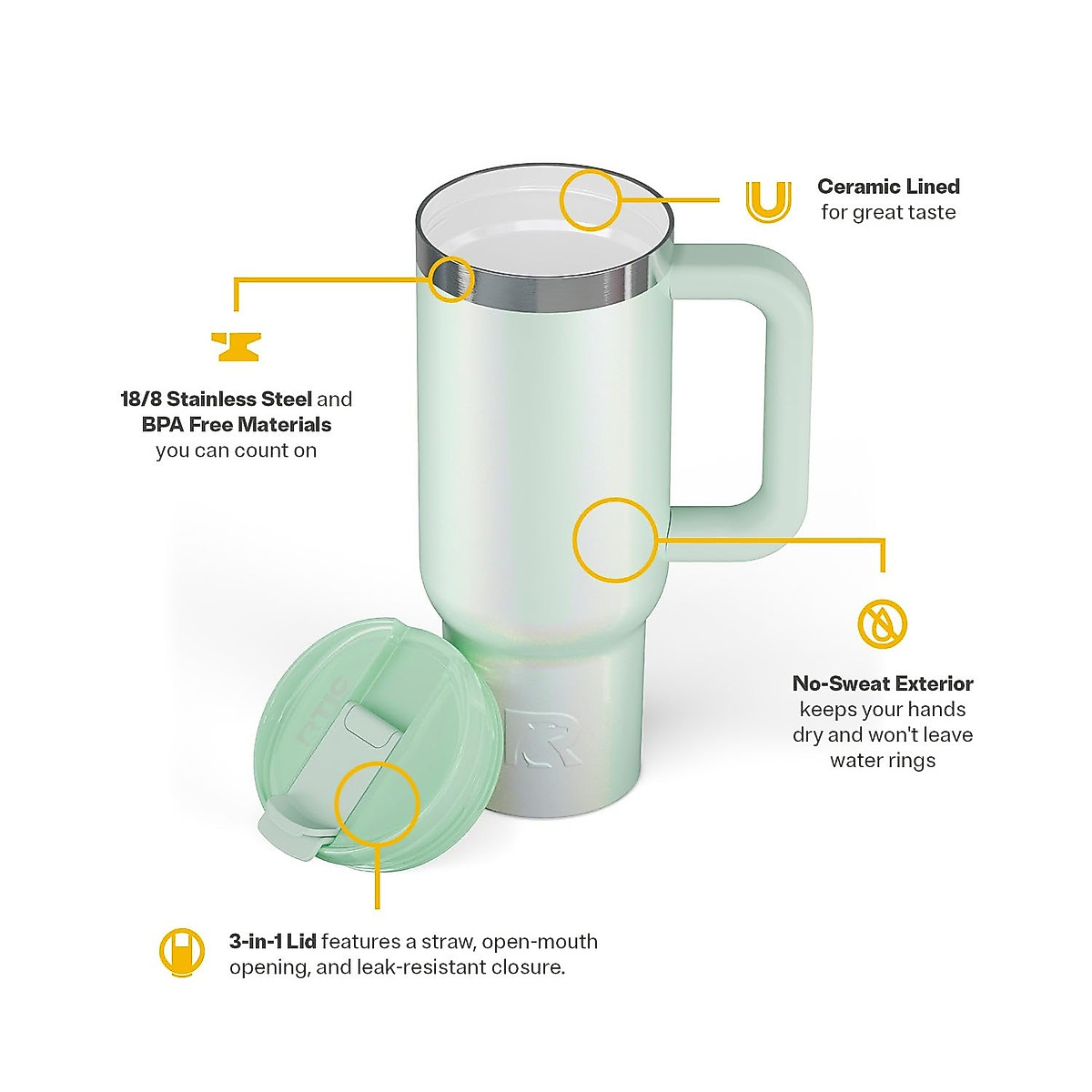 RTIC 30 oz Road Trip Tumbler Double-Walled Insulated Stainless Steel Portable Travel Coffee Mug Cup with Lid, Handle and Straw, Fresh Mint Glitter