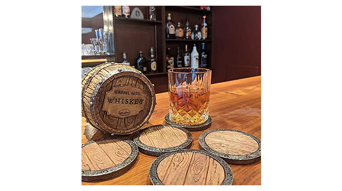 5pc Whiskey Barrel Coasters | Bar Decor & Home Gifts