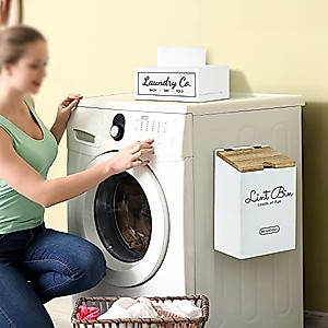 Magnetic Lint Bin and Dryer Sheet Holder Set for Laundry Room, Farmhouse Wooden Lint Trash Can with Lid and Dryer Sheet Dispenser Box Magnetic for Mounting on Dryer,Stylish Laundry Room Organization