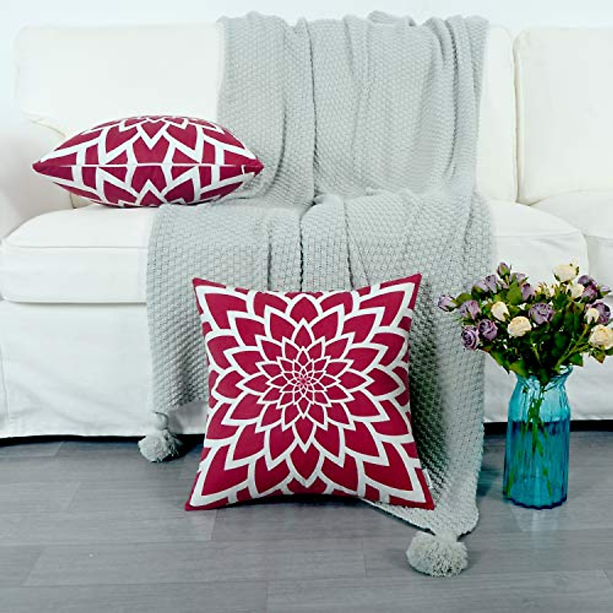 TEAGAN Throw Pillow Covers, 2PCS Cushion Covers with Flower Print, Throw Pillow Covers for Home Decorative Bedroom Living Room, Home Garden Couch Bed Sofa Chair, 20X20 Inch, Deep Red