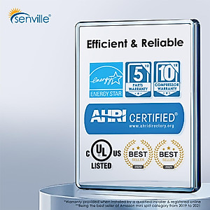 Senville AURA Series Mini Split Air Conditioner Inverter Heat Pump, 9000 BTU, Works with Alexa, Energy Star, White