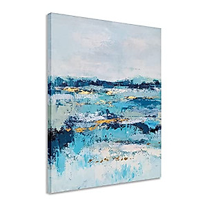 Yihui Arts Abstract Ocean Canvas Wall Art - Blue and Teal Painting with Gold Foil - Modern Coastal Pictures for Living Room Bedroom Kitchen Dinning Decor