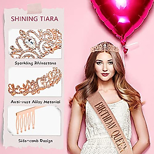 "BIRTHDAY QUEEN" Sash and Rhinestone Tiara Set, Birthday Tiara Crown Glitter Crystal Glitter Headband Hair Accessories for Girls Women Birthday Decorations Kit, Party Favors (Rose Gold)