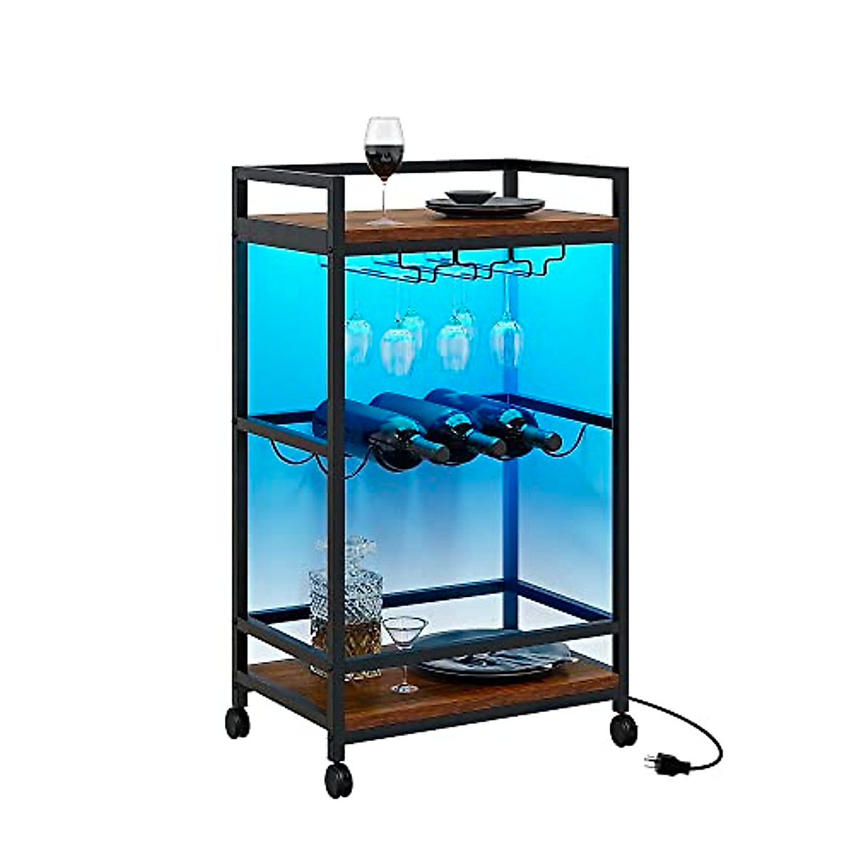 Boss Premium® BarUSA™ LED Bar Cart for Home Mini Portable Wine Bar Coffee Carts Small Mobile Serving Stand Liquor Beverage Drink Tea Alcohol Kitchen Rolling Cart - Designed in USA (Patented)