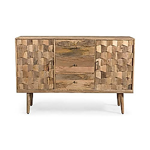 Great Deal Furniture Zona Mid-Century Modern Mango Wood 3 Drawer Sideboard with 2 Doors, Natural