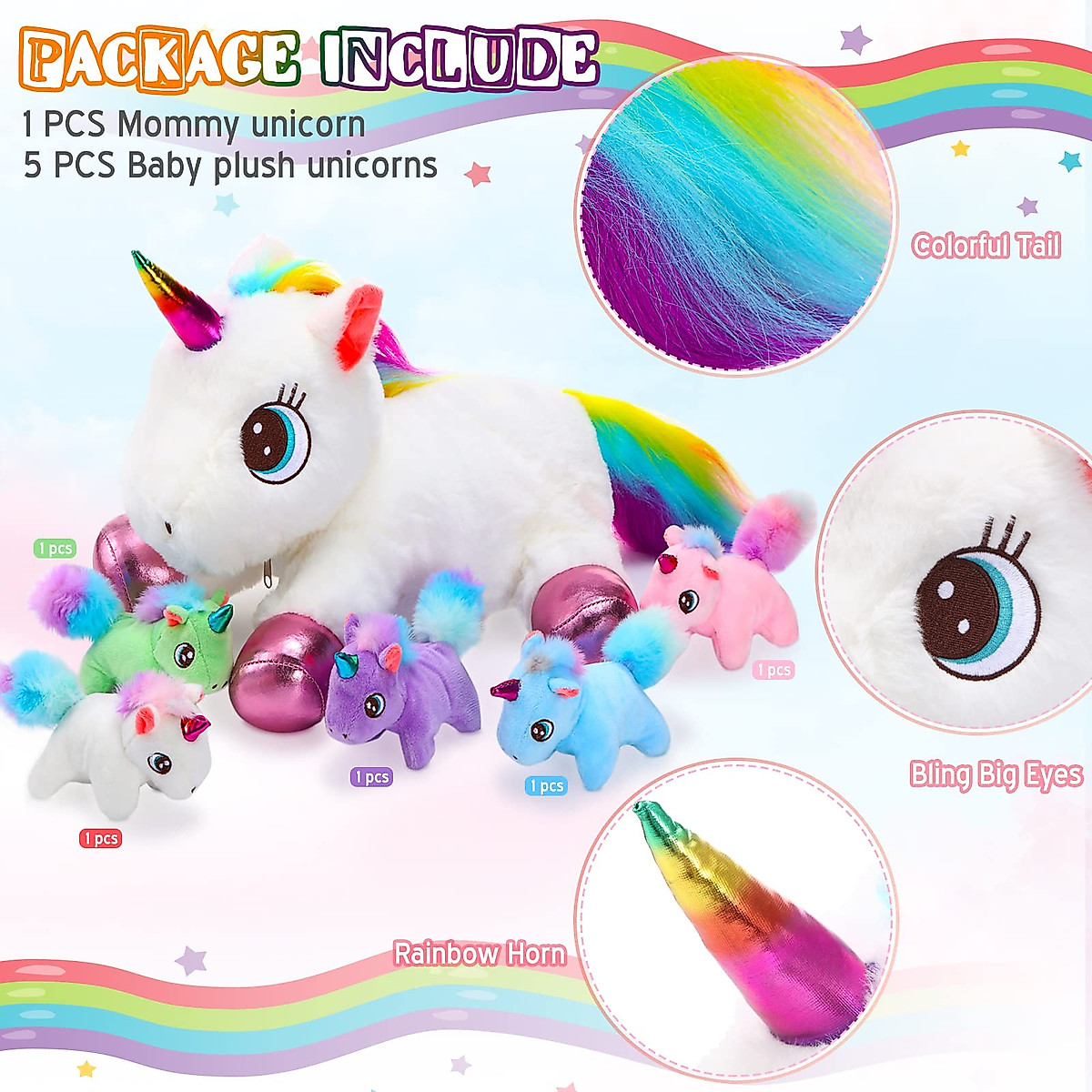 Sumind Rainbow Unicorn Mommy Stuffed Animal with 5 Cute Baby Unicorns in Her Tummy Plush Toy for Mama Girls Baby Toddler Kids 3 4 5 6 7 8+ YearChristmas Birthday Gifts(Adorable Style,White)