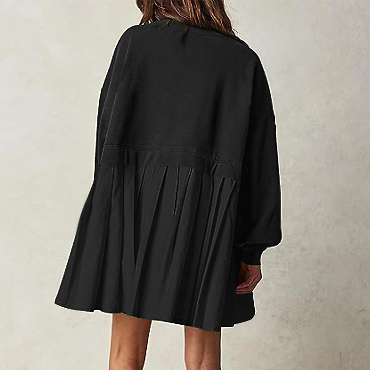 Black of Friday Deals 2023, Best Cyber of Monday Deals, Womens Fall Fashion 2023, Women's Flowy Pleated Sweatshirt Mini Dress Oversized Sweatshirt Dress Patchwork Crewneck Long Sleeve Pullover Tops