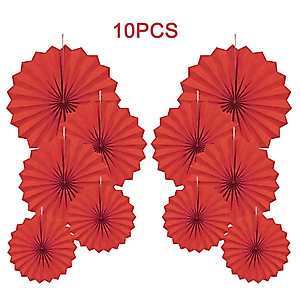 AimtoHome Party Hanging Paper Fans Decorations Set, Red Round Paper Fan Ceiling Party Decoration Suppiles,Set of 10