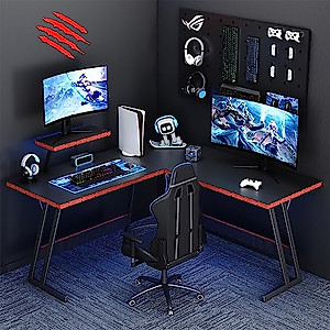 Lufeiya Black L Shaped Gaming Desk - 51 Inch Computer Corner Desks, Carbon Fiber Surface PC Desk Table with Monitor Stand for Home Office Writing, Black