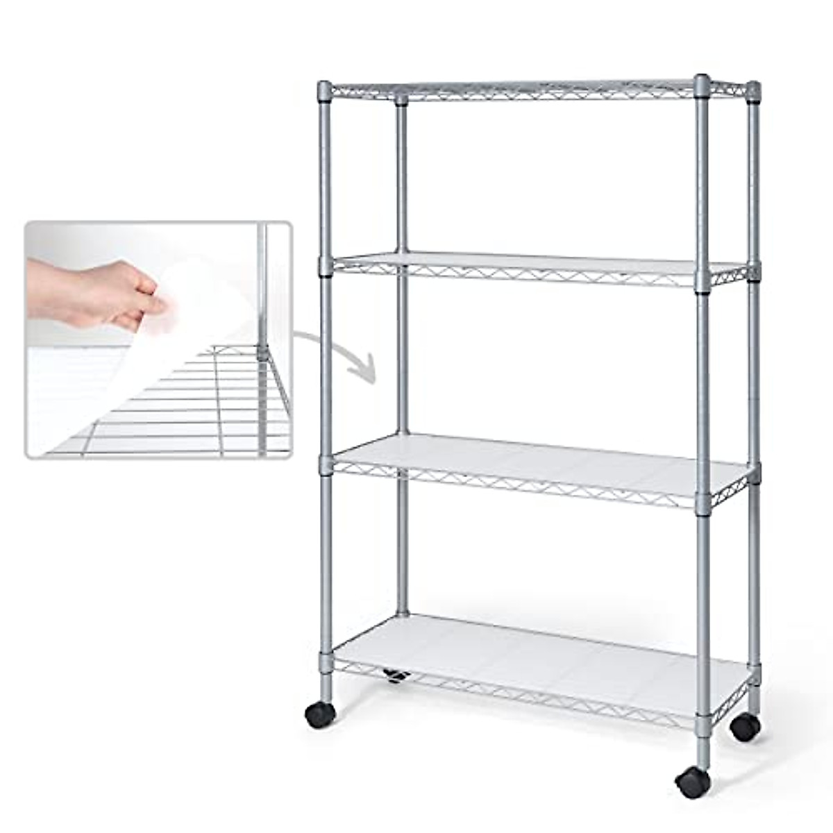 Fencer Wire NSF Adjustable Height Wire Shelving w/Liner & Wheels, Rolling Basement Storage Shelving, Metal Storage Shelving, Garage Shelving Storage Organizer, Utility Shelf, w/Liner, 4-Tier Silver