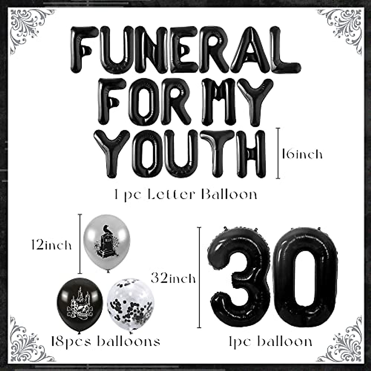 JeVenis Funeral for My Youth 30th Birthday Decoration Rip to My 20s Balloons Rip Twenties Balloons Gothic Birthday Decoration 30 Birthday Gift Death to My 20s Banner