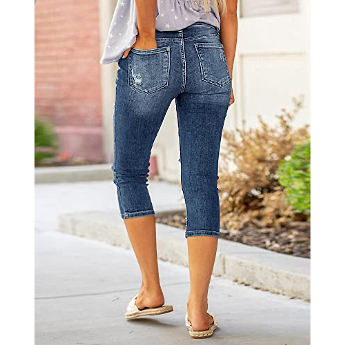 Utyful High Waisted Skinny Capri Jeans for Women Ripped Jean Capris Denim Pants Cobalt Night Blue Large