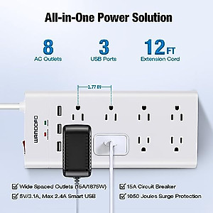 WANDOFO 12 FT Surge Protector Power Strip, 8 Outlet 1050J 12 Foot Long Extension Cord, 15A/1800W, 15A Breaker, 5V 3.1A Smart USB Port, Low Profile Flat Plug, Wall Mountable, White