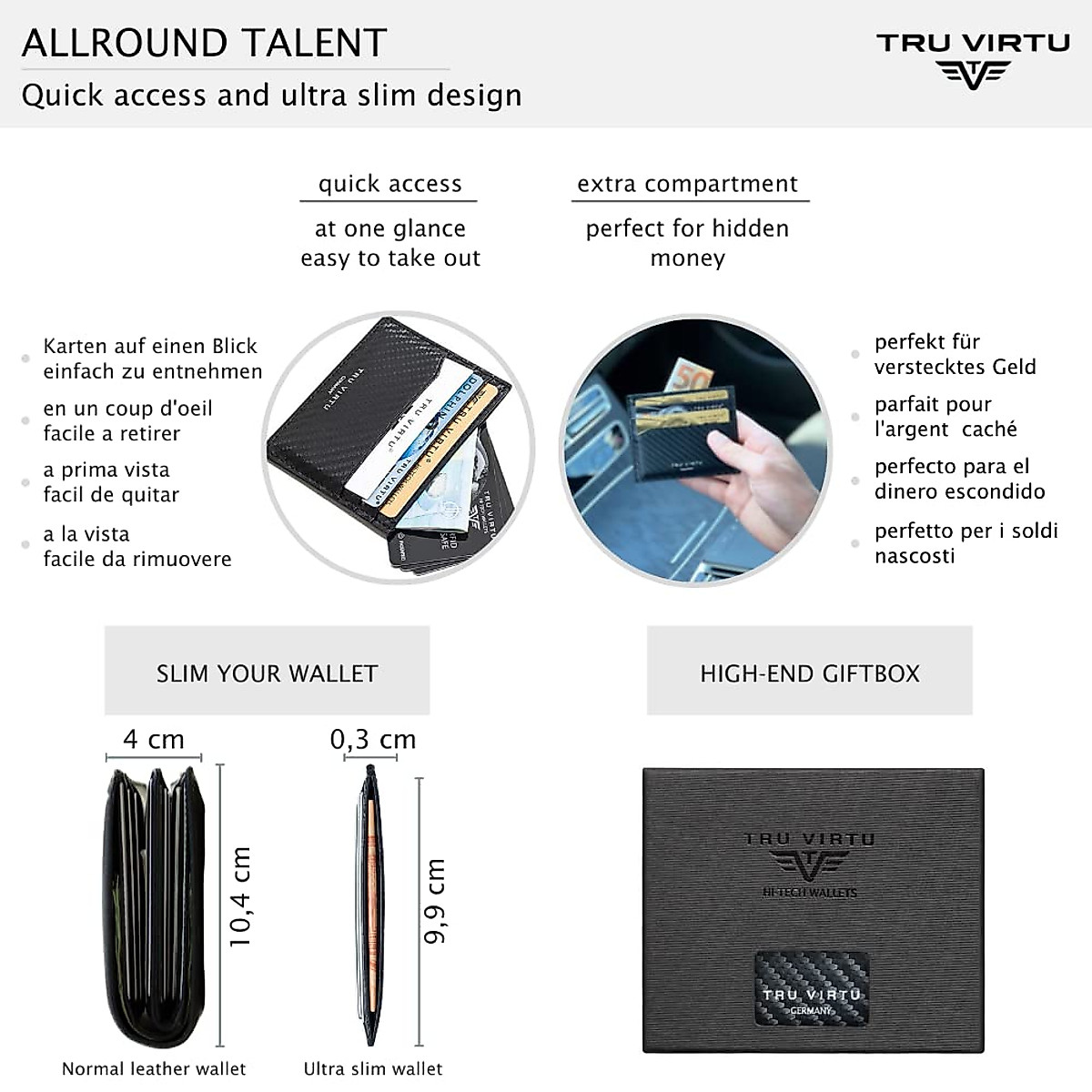 Tru Virtu® Ultra Slim Wallet Carbon Card Case I Credit Card Case I Card Case RFID NFC Protection I Genuine Italian Leather Card Case I Card Storage I Slim Wallet I Card Holder