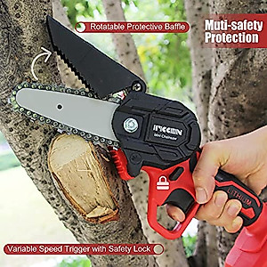 Mini Chainsaw 4-Inch with 2 Battery, Cordless Saw with 2 Chains Security Lock, Hand Held Small Rechargeable Chainsaw for Wood Cutting Tree Trimming Red with Box