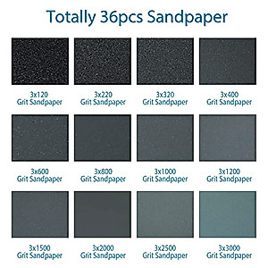 120 to 3000 Assorted Grit Sandpaper for Wood Furniture Finishing, Metal Sanding and Automotive Polishing, Dry or Wet Sanding, 9 x 3.6 Inch, 36-Sheet
