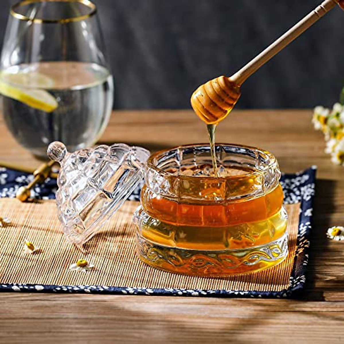 1500 C Tabletop Bee-hive Glass Honey Jars with Dipper and Lid 10 oz. Crystal Clear Heavy Glass Honey Pot Honey Containers Holder for Jam Jelly Syrup Home& Kitchen