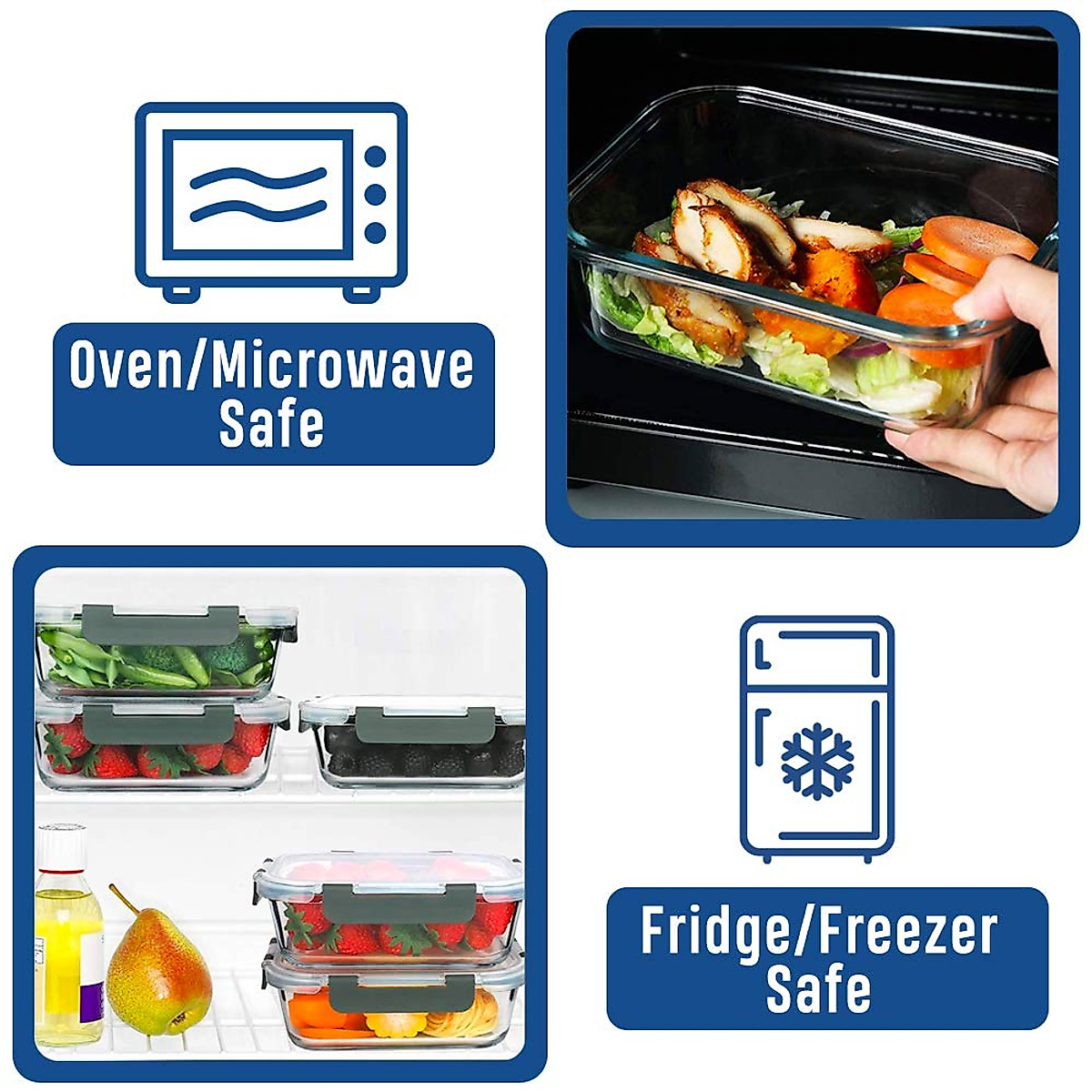 LYTIO Glass Food Containers Storage Organizers for Kitchen Pantry | BPA Free | Leak Proof | Odor Proof | Stain Resistant | 12 Sets | Freezer and Oven Safe(Gray)