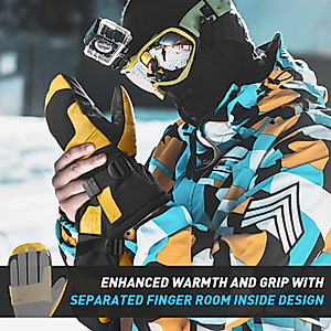 MCTi Ski Mittens Leather Mitten Winter Cold Weather Waterproof Snow Mitt for Men（Yellow, Large）