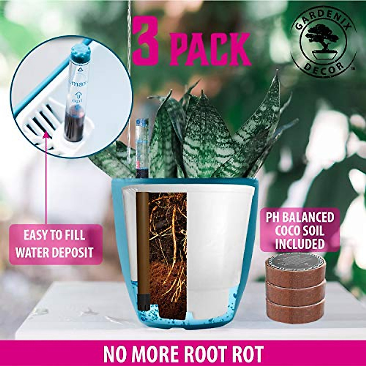 GARDENIX DECOR 7'' Self Watering planters for Indoor Plants - Flower Pot with Water Level Indicator for Plants, Grow Tracking Tool - Self Watering Planter Plant Pot - Coco Coir - Teal 3 Pack