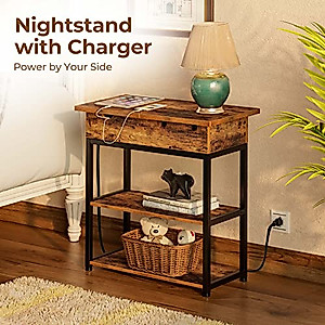 Rolanstar End Table with Charging Station, Narrow Nightstand, Flip Top Side Table with USB Ports and Storage Shelves for Small Spaces, Living Room, Bedroom (Rustic Brown)