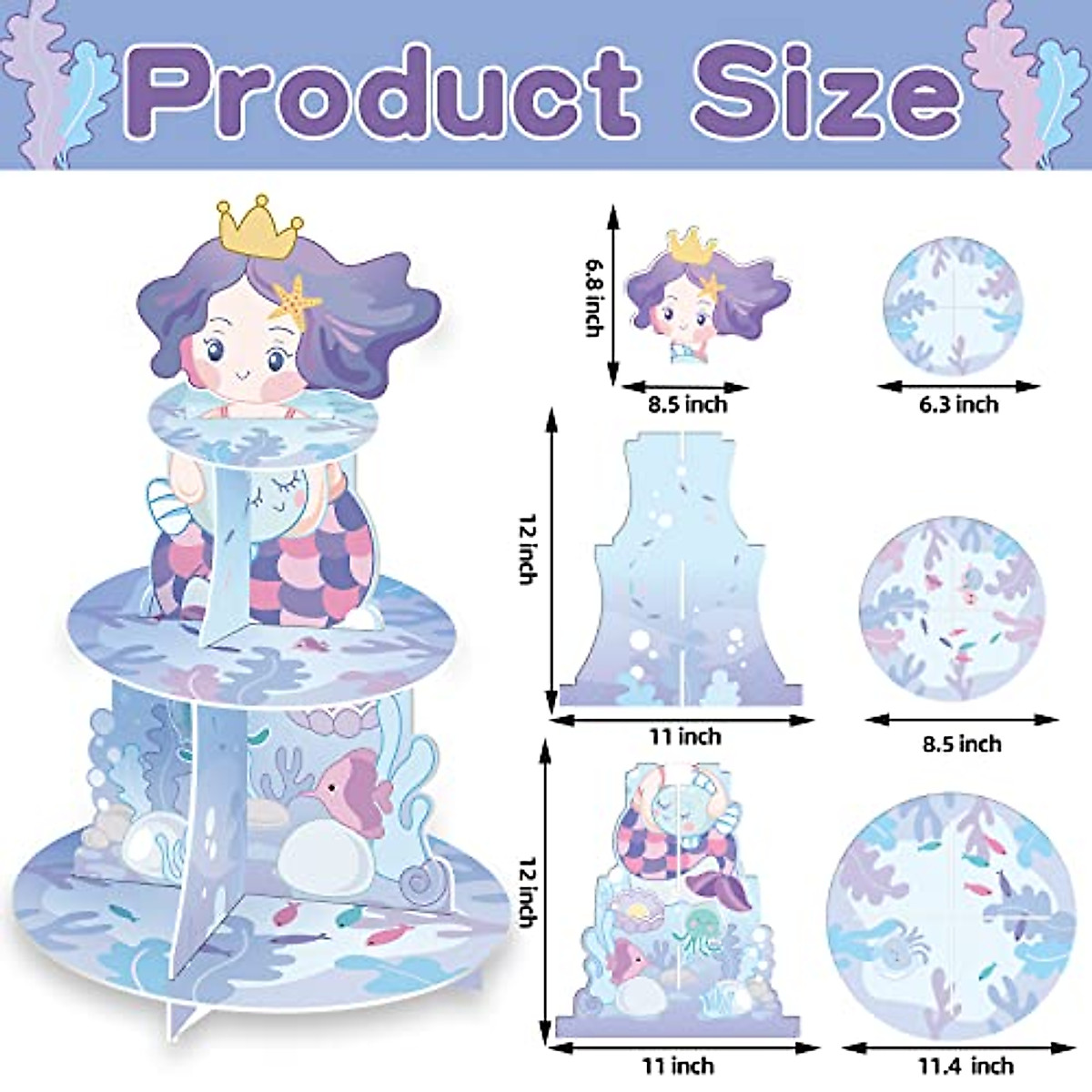 HPMNS Mermaid Cupcake Stand 24 pcs Cupcake Toppers for Mermaid Birthday Party Decorations Favors Supplies 3 Tier Mermaid Cupcake Tower Holder Mermaid Baby Shower Decorations