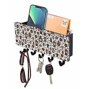 Zadaling Key Holder Wall Mount with 5 Key Hooks, Coffee Theme Cupcakes Afternoon Tea Key Organizer with Mail Basket Wall Decor for Home Entryway Hallway Kitchen Office, 7.5" x 2.7"